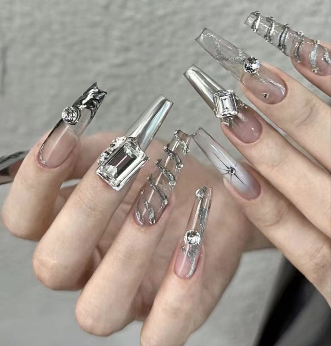 Metallic Silver False Nails, Long Coffin Nails - Etsy