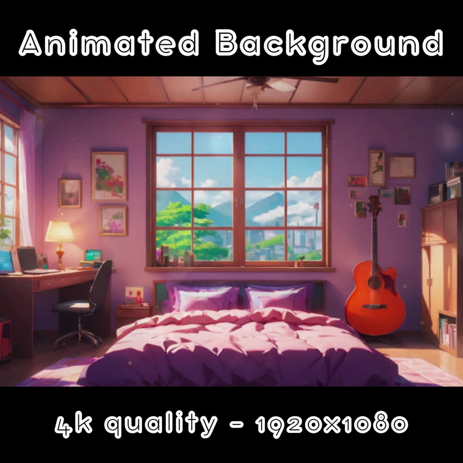 ANIMATED BACKGROUND - Musician Bedroom, Guitar, Cozy, Vtuber Bedroom ...