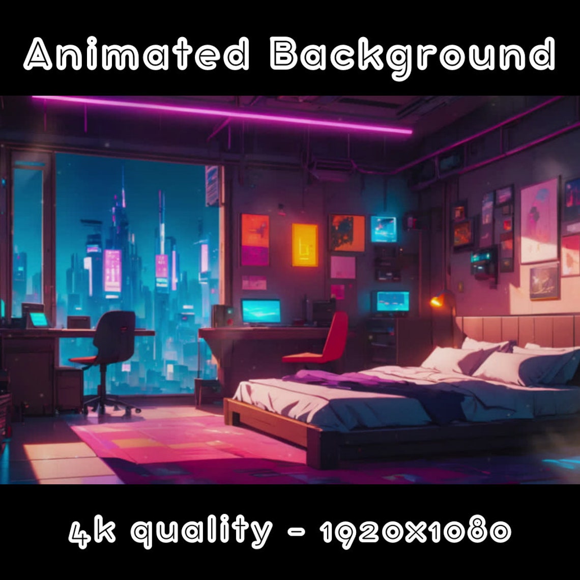 ANIMATED BACKGROUND - Neon Nest, Led, City, Futuristic Vtuber Bedroom ...
