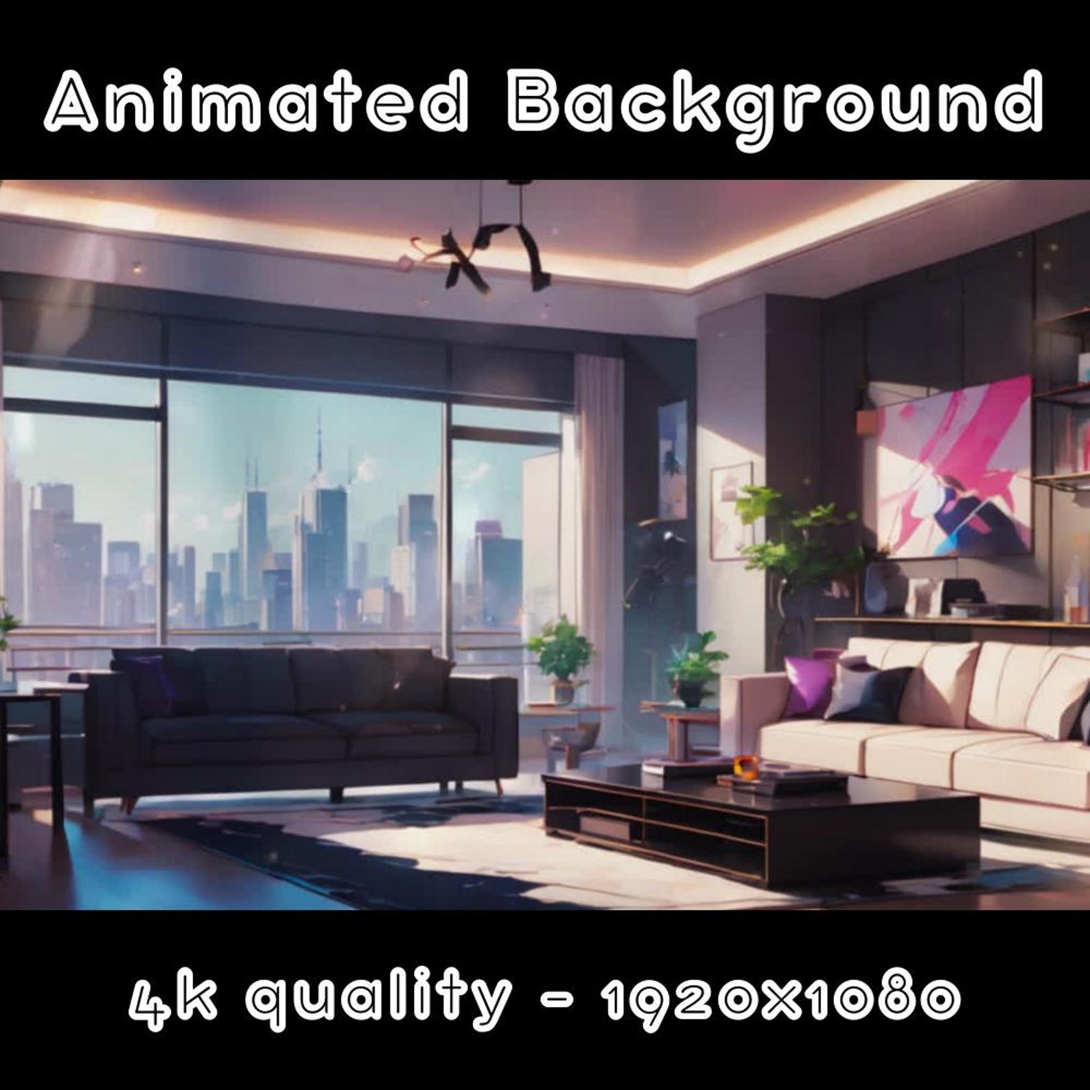 ANIMATED BACKGROUND Modern Living Room, Black and White Vtuber Room ...