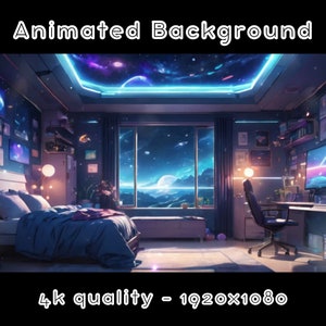 ANIMATED BACKGROUND - Moon Room, Neon, Blue Vtuber Bedroom (loop, 4k ...