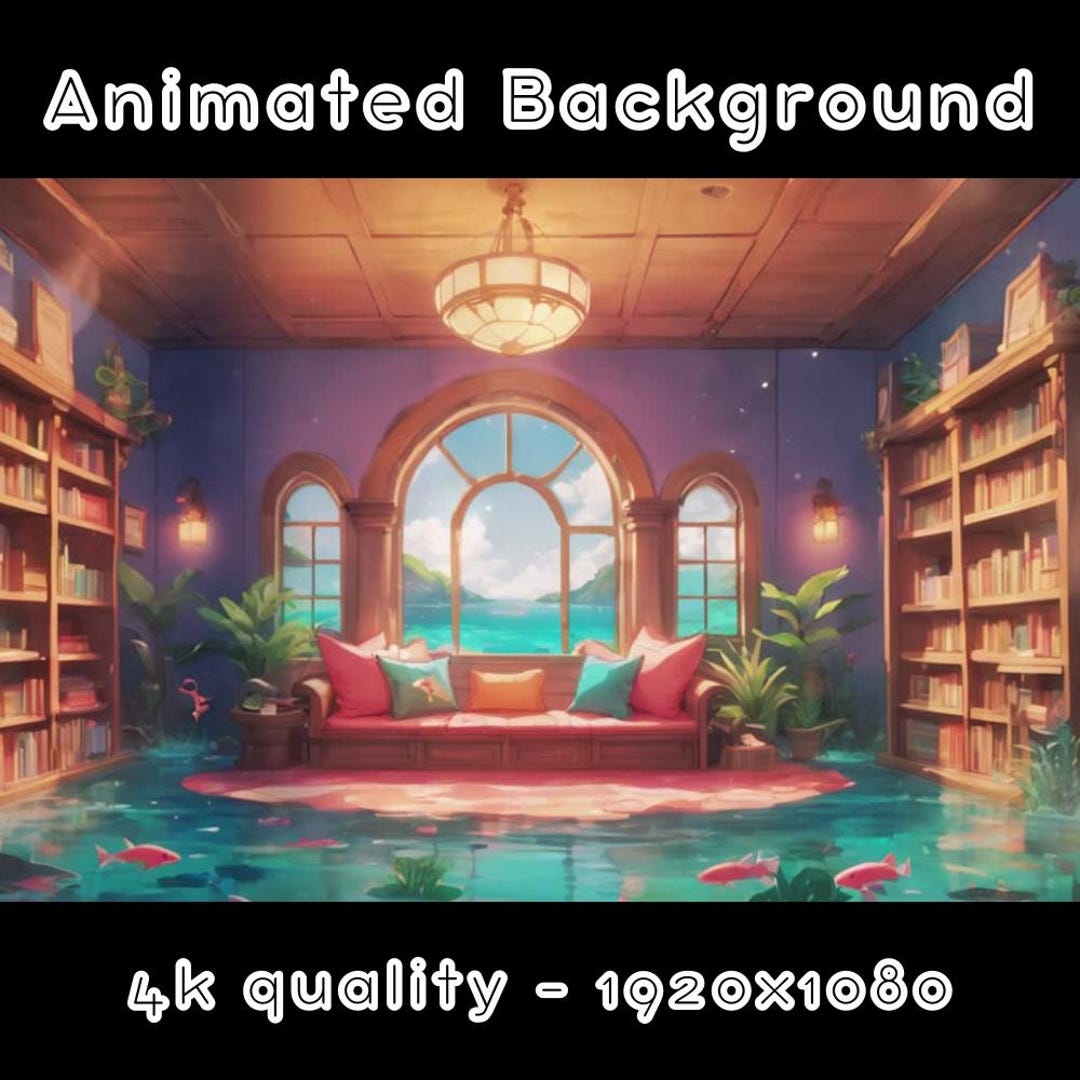 ANIMATED BACKGROUND - Aquatic Book Nook, Office, Library, Desk (loop ...