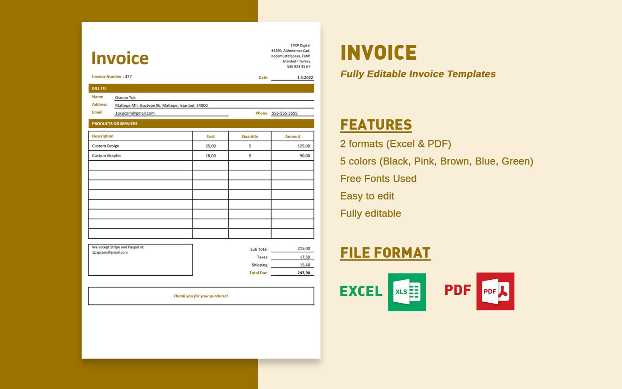Invoice Template PDF and Excel Invoice Template for Small Business ...