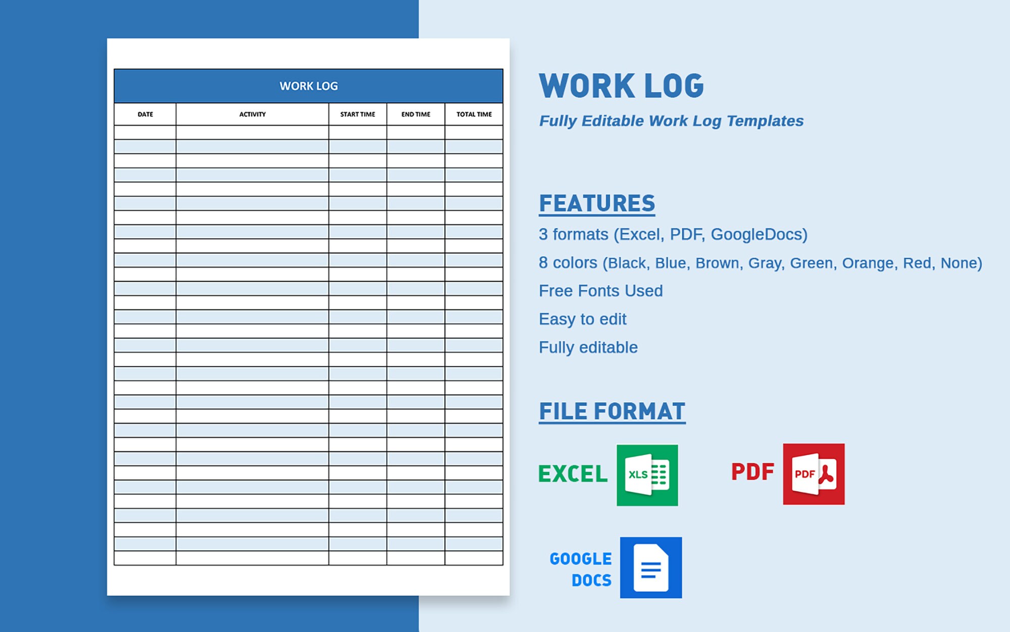 Work Log Printable Time Log and Tracker Activity Hours Log Editable and ...