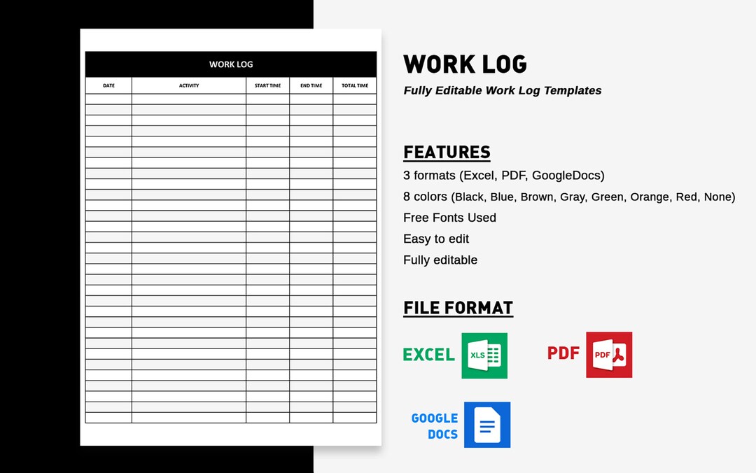 Work Log Printable Time Log and Tracker Activity Hours Log Editable and ...