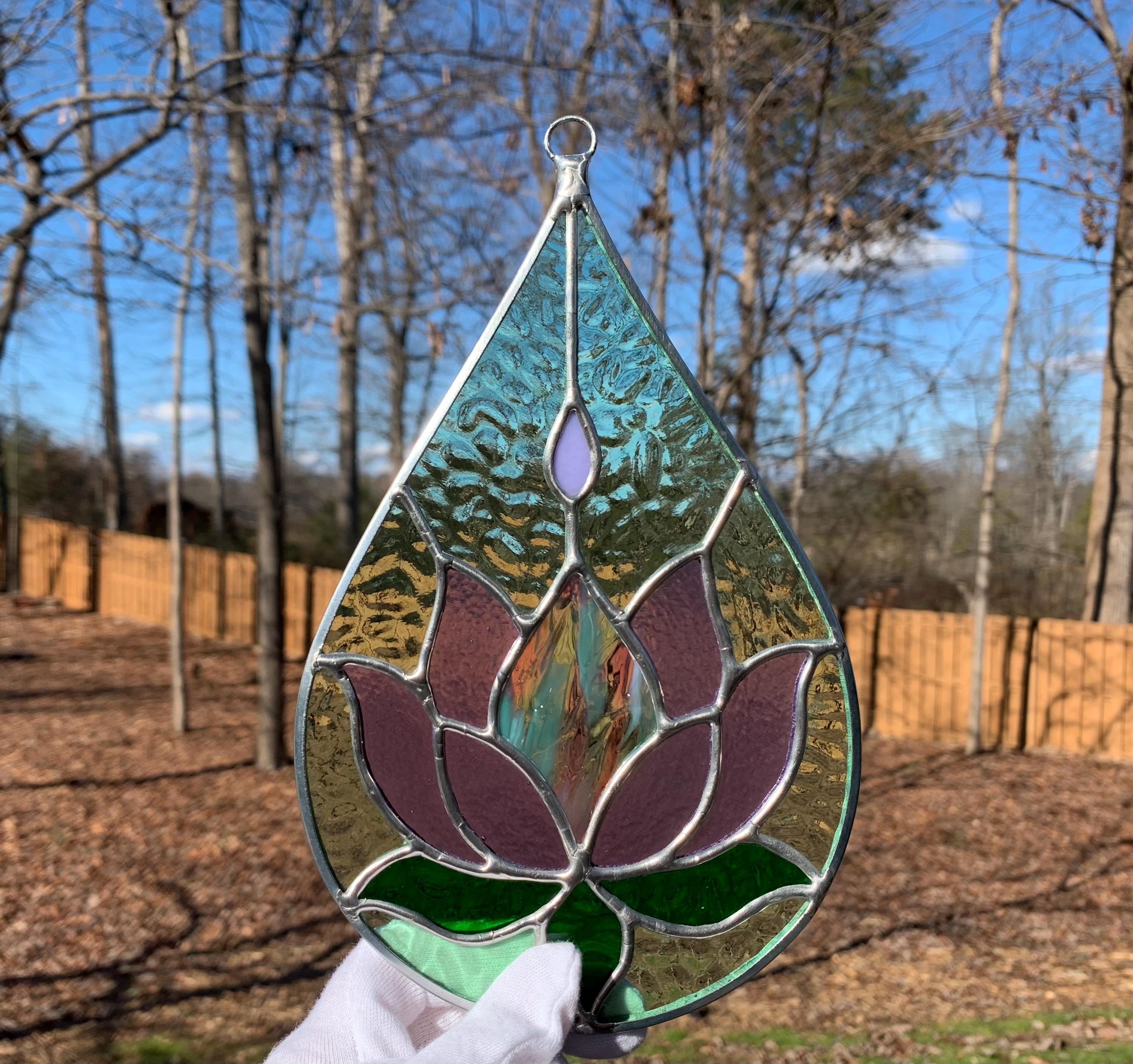 Stained Glass Lavender Lotus Flower Teardrop Shaped Light Green ...