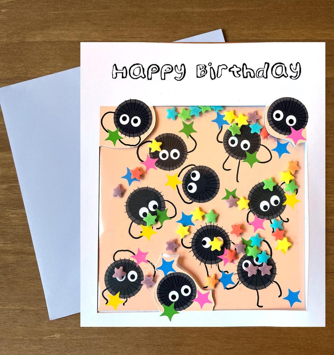 Soot Sprite Inspired Happy Birthday Shaker Card, Quirky Anime Manga ...
