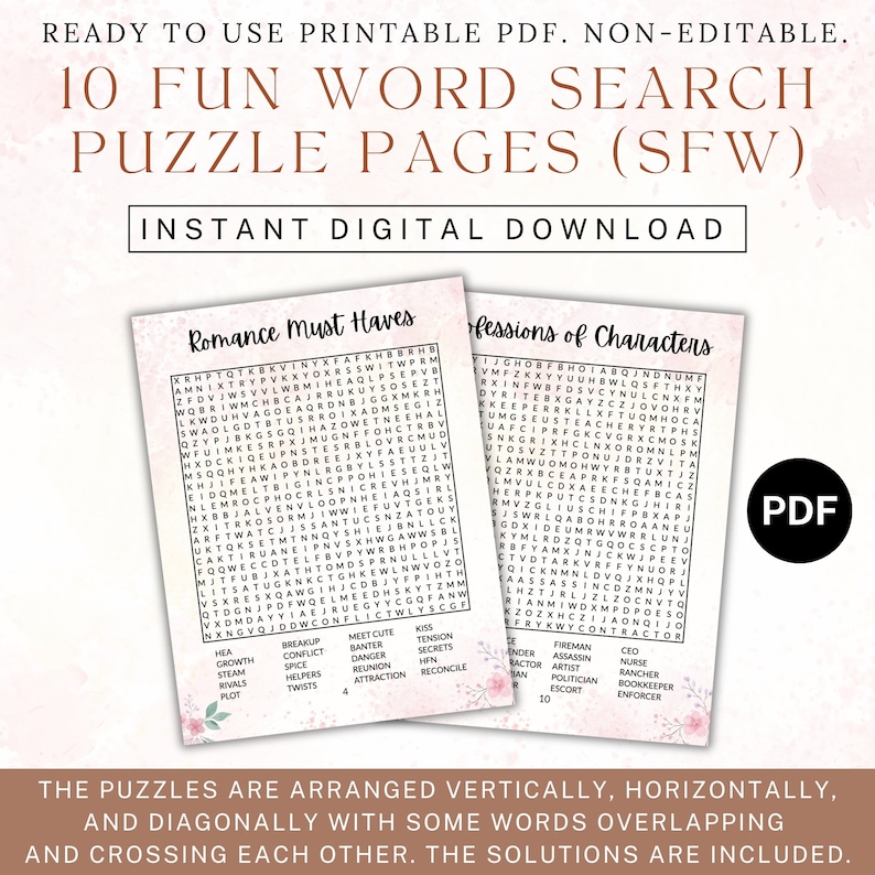 10 Printable Word Search Puzzles for Romance Readers SFW | Digital PDF ...