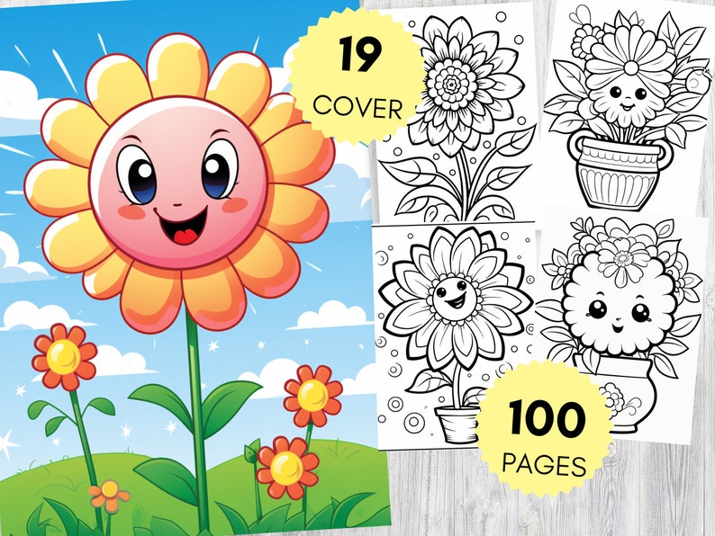 100 Cute Kawaii Flower Coloring Pages Adult and Kids Coloring Book ...