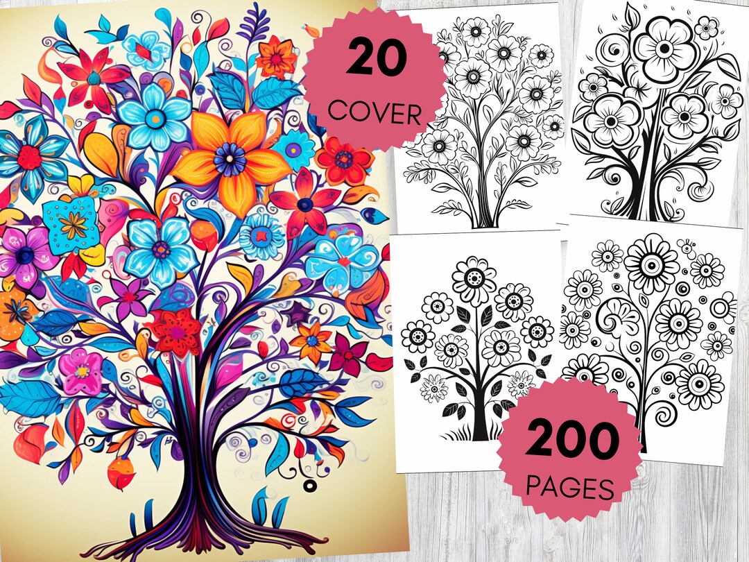 200 Floral Tree Coloring Book, Printable Enchanted Fantasy Tree ...