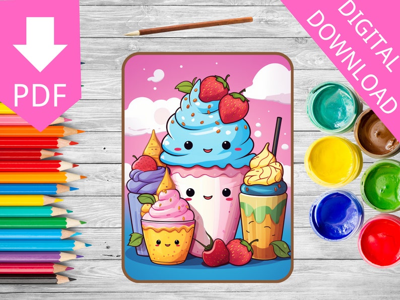 Cute Kawaii Food Coloring Book for Kids and Adults, Ice Cream and ...