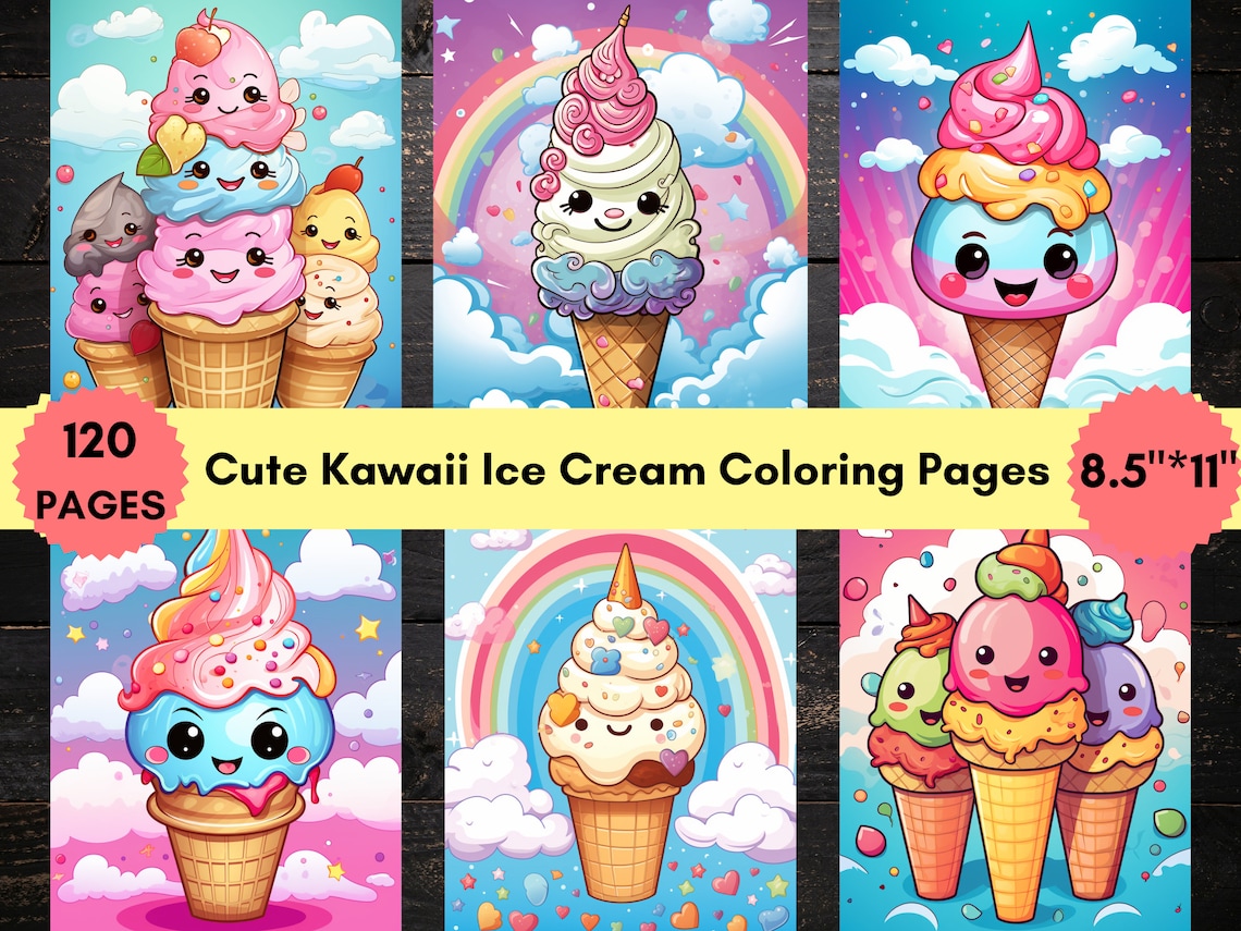 Cute Kawaii Ice Cream Coloring Book, 30 Page Coloring Book Featuring ...