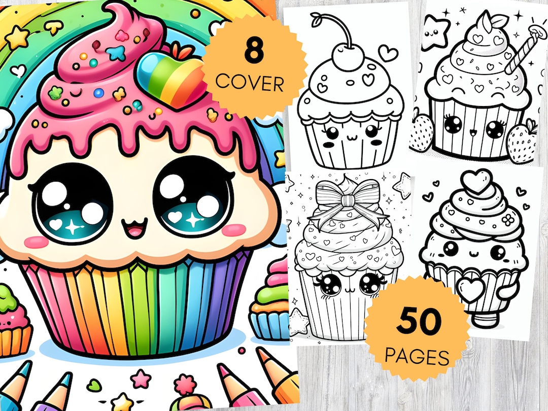 Kawaii Cupcakes Coloring Book, Kids Coloring Pages, Adult Coloring Book ...