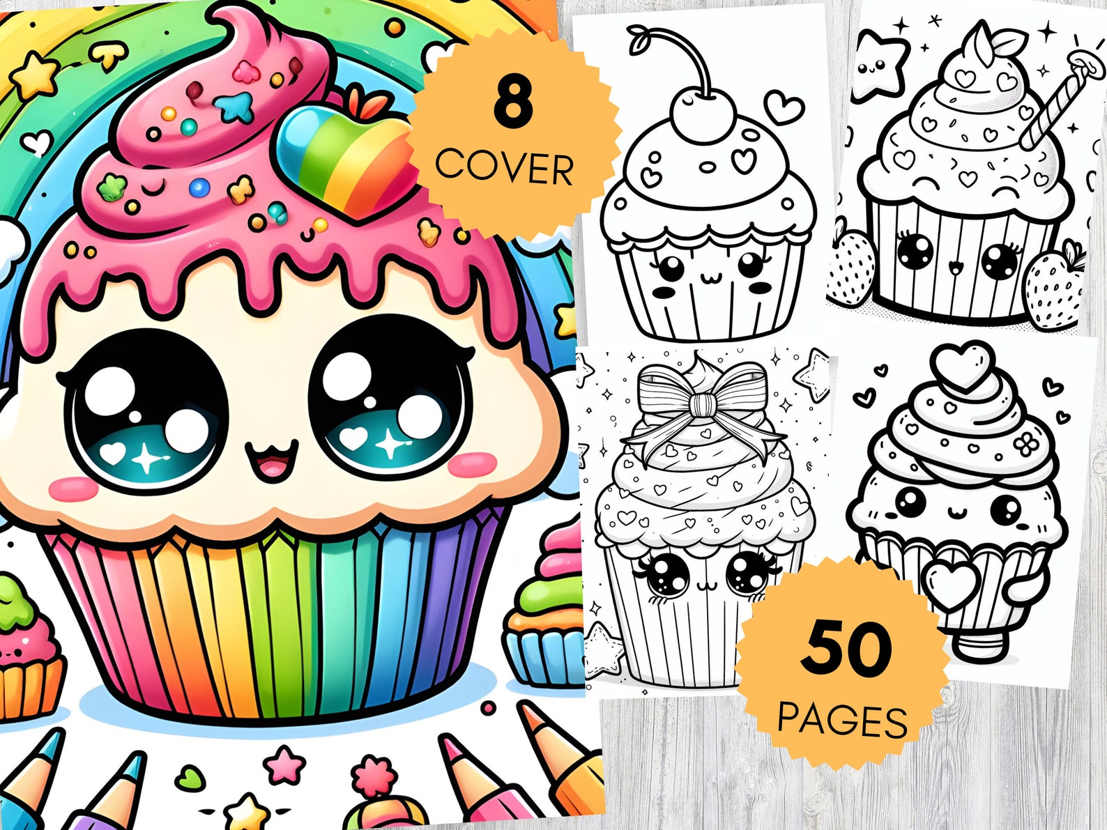 Kawaii Cupcakes Coloring Book, Kids Coloring Pages, Adult Coloring Book ...