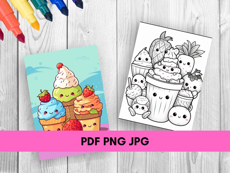 Cute Kawaii Food Coloring Book for Kids and Adults, Ice Cream and ...