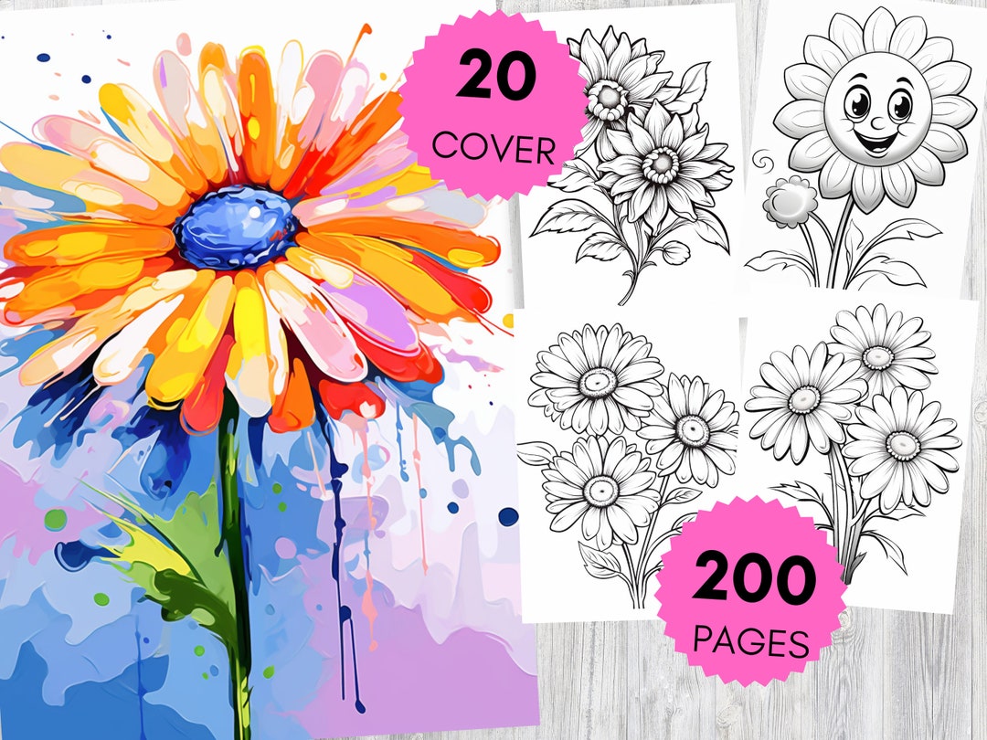 Flower Coloring Pages for Adults and Kids, Daisy Grayscale Art ...