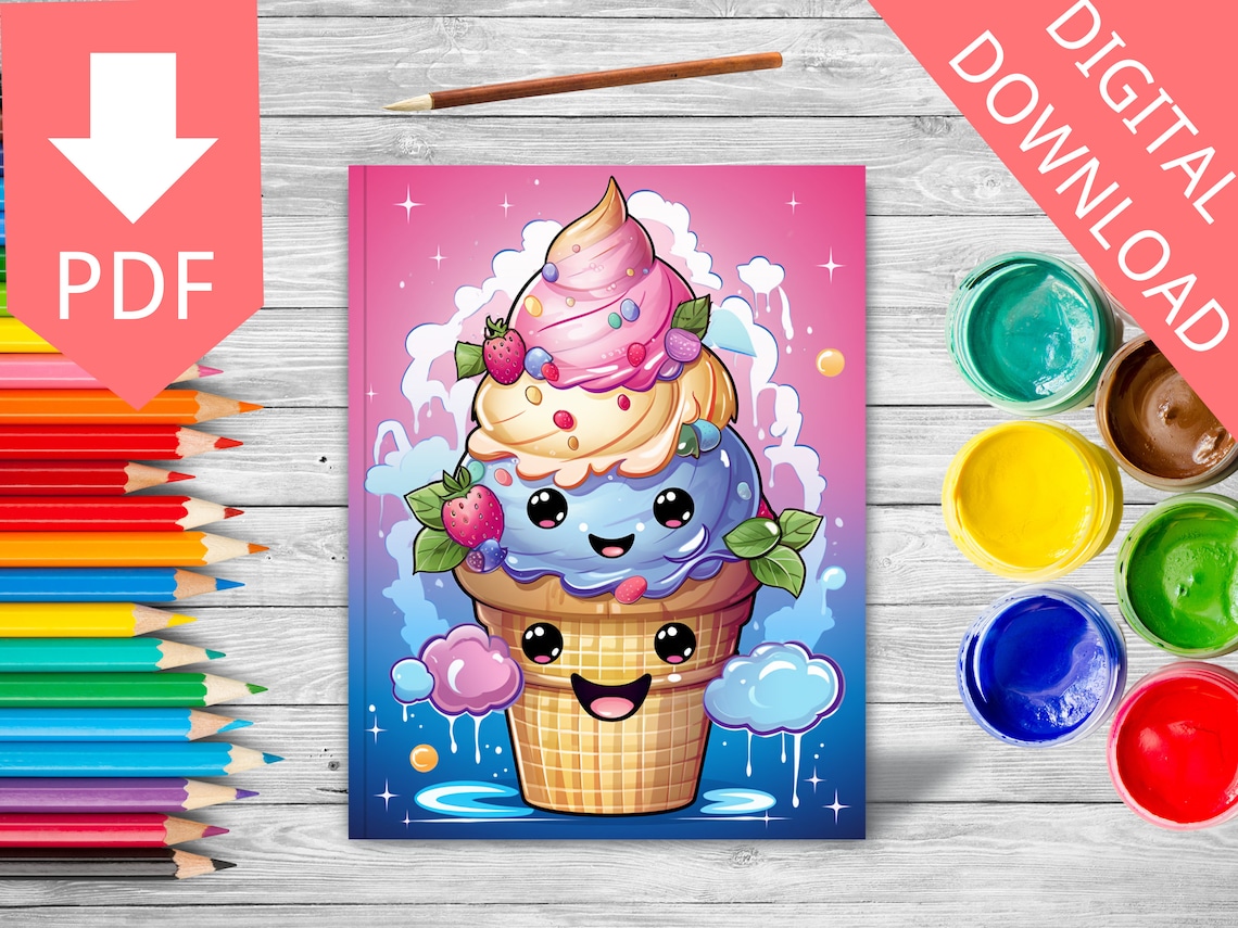 Cute Kawaii Ice Cream Coloring Book, 30 Page Coloring Book Featuring ...