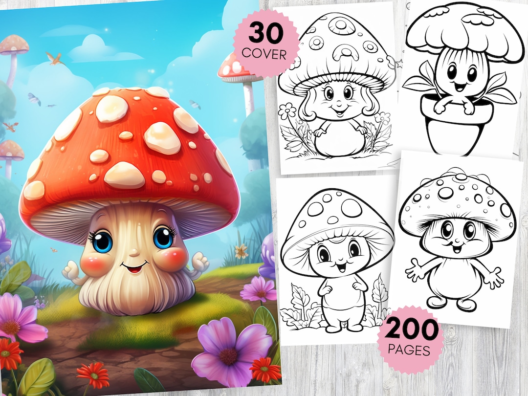200 Mushroom Coloring Book for Kids and Adults | Cute Mushroom Coloring ...
