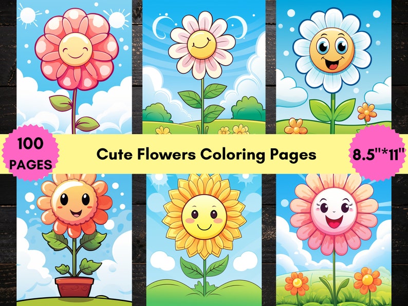 Cute Kawaii Flower Coloring Pages for Kids and Adults, Adorable Floral ...