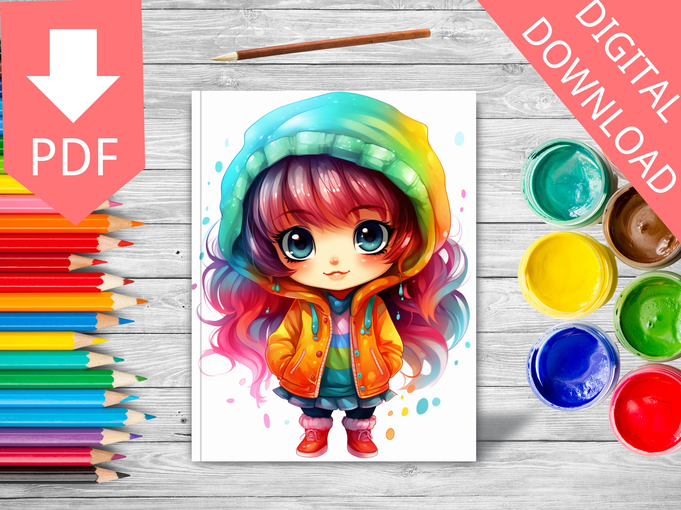 Anime Cute Chibi Beach Girls 32 Page Manga Coloring Book, Greyscale ...