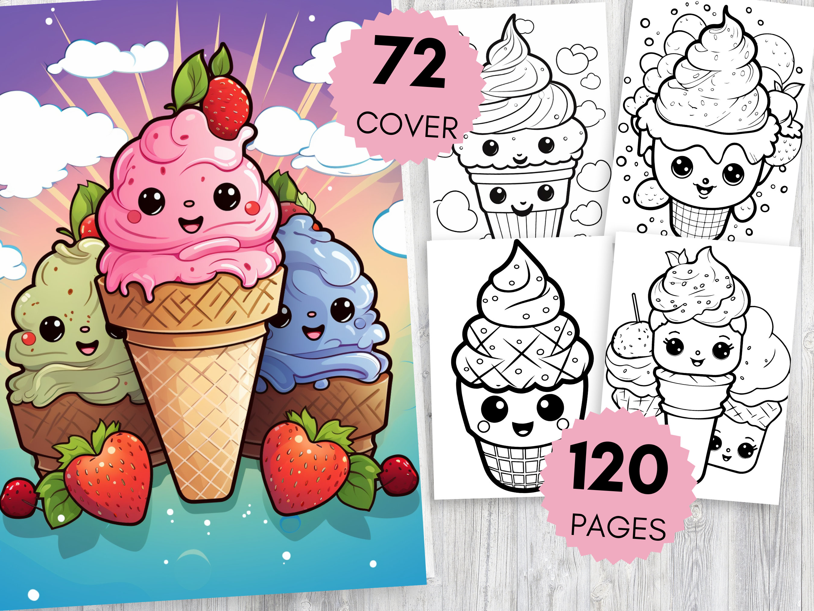 Cute Kawaii Ice Cream Coloring Book, 30 Page Coloring Book Featuring ...