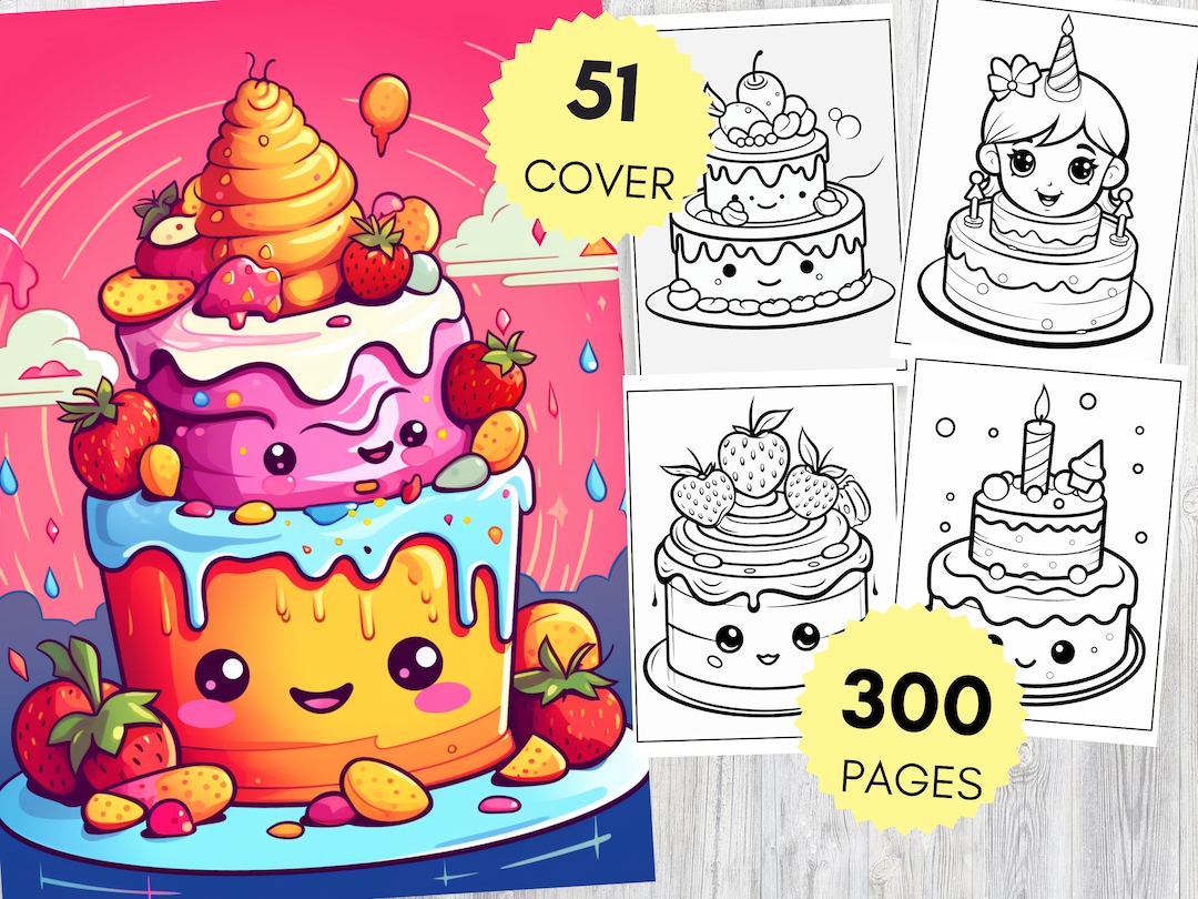 Cute Cake Coloring Pages for Kids and Adults, Kawaii Dessert Coloring ...