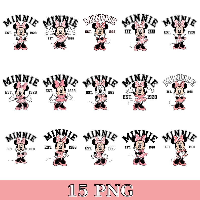Minnie Mouse Est 1928 PNG Bundle, Retro Minnie Logo Clipart, Pink Bow ...