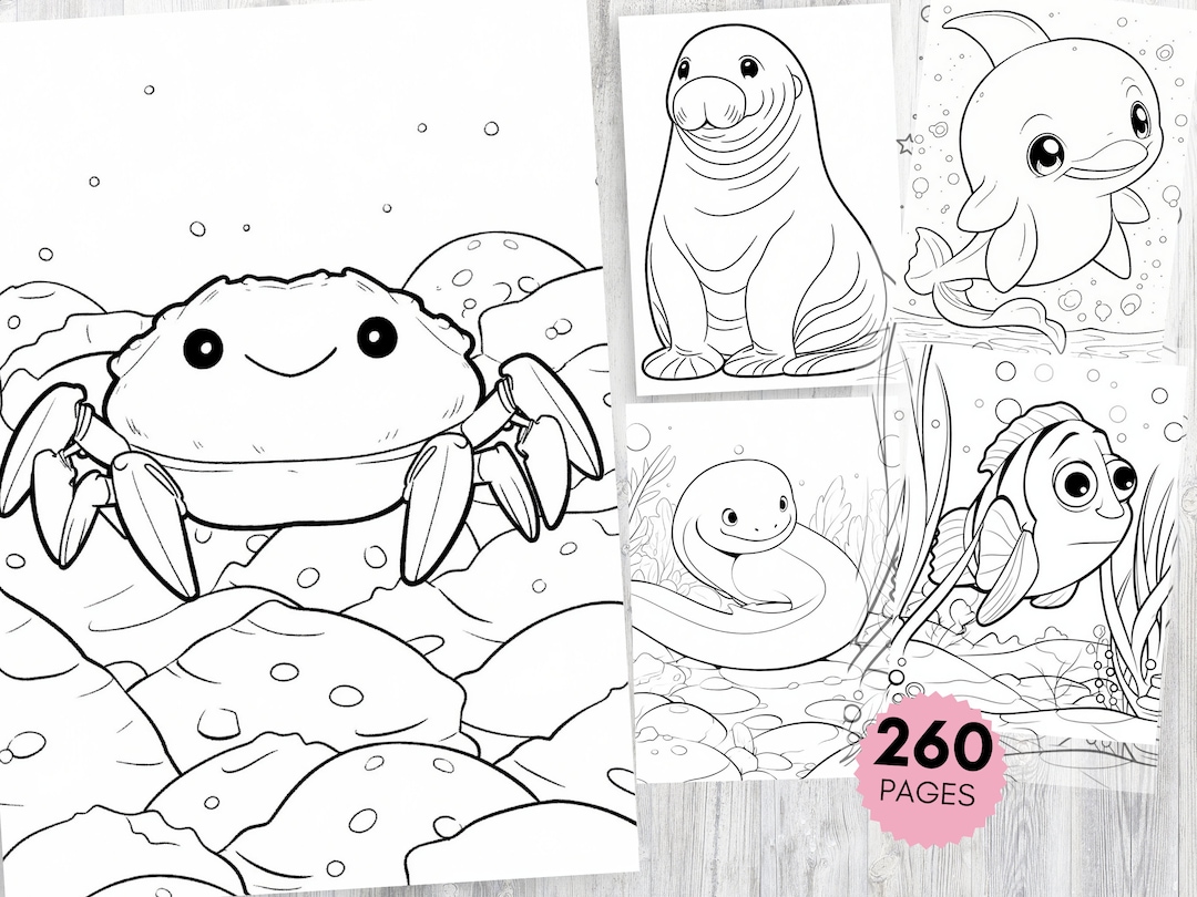 Cute Sea Animal Coloring Pages for Kid | SVG, PNG, Fish, Whale ...