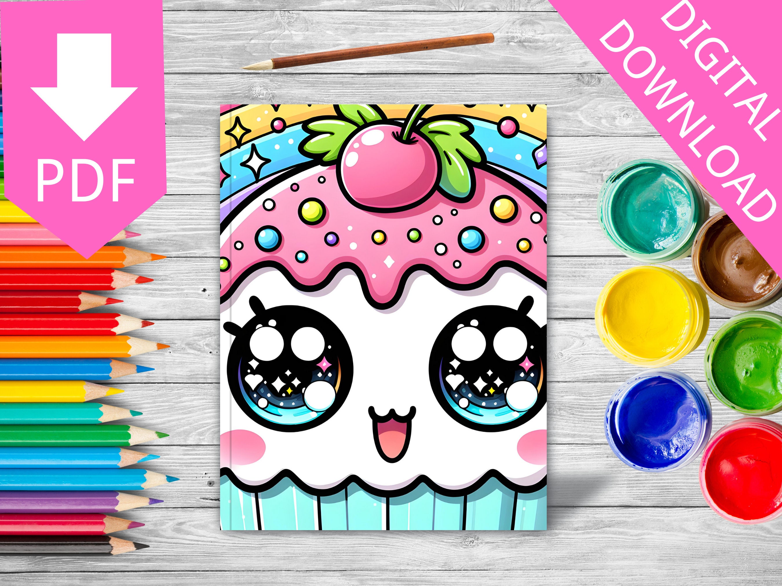 Kawaii Cupcakes Coloring Book, Kids Coloring Pages, Adult Coloring Book ...