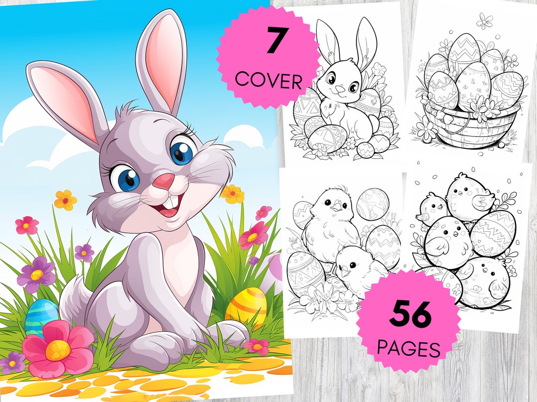 Cute Easter Bunny Coloring Pages for Kids and Adults, Spring Egg and ...