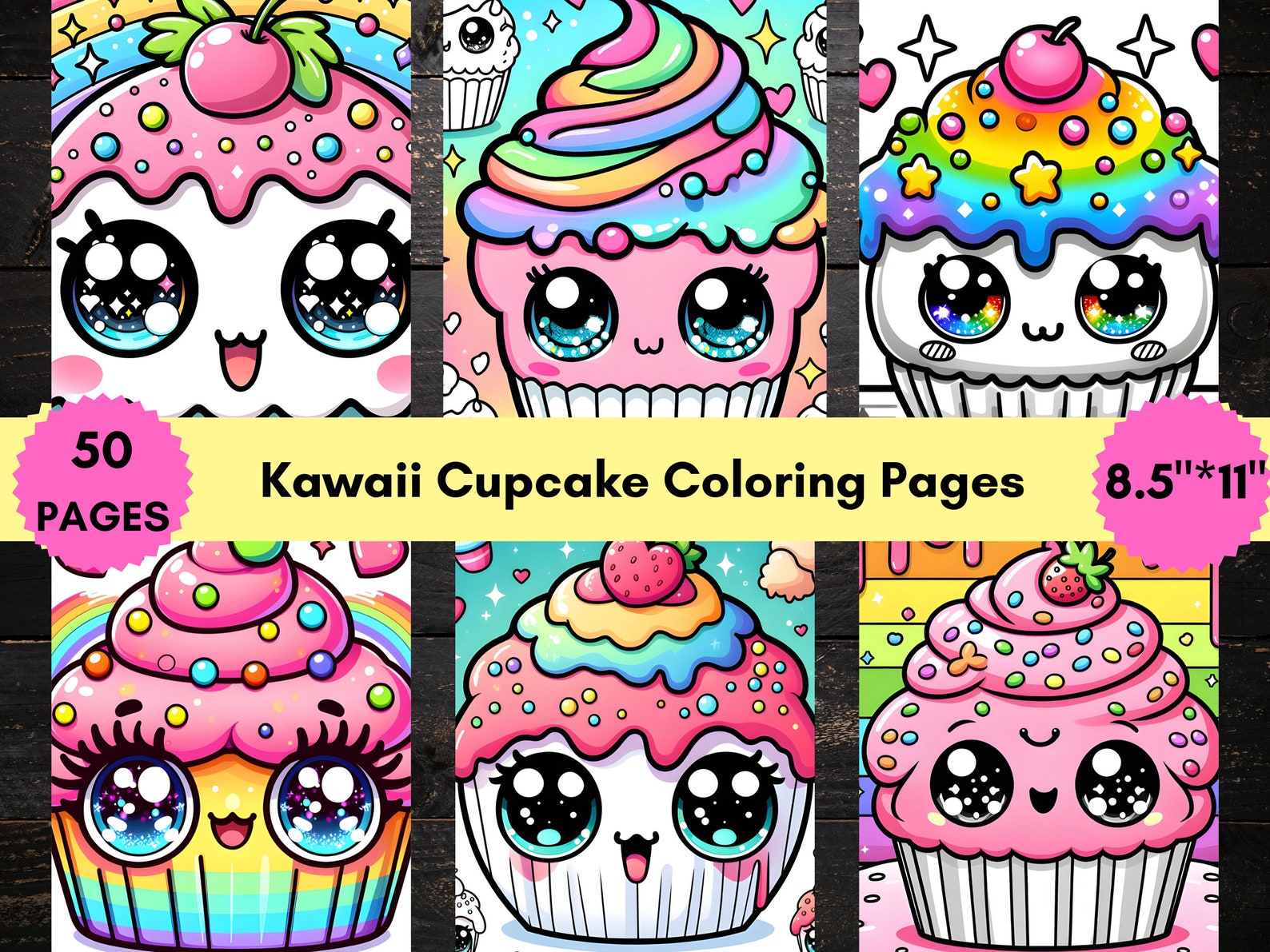 Kawaii Cupcakes Coloring Book, Kids Coloring Pages, Adult Coloring Book ...