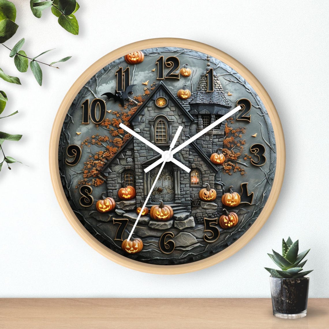 Halloween Wall Clock Rustic Halloween Village Scene Round Halloween Art ...