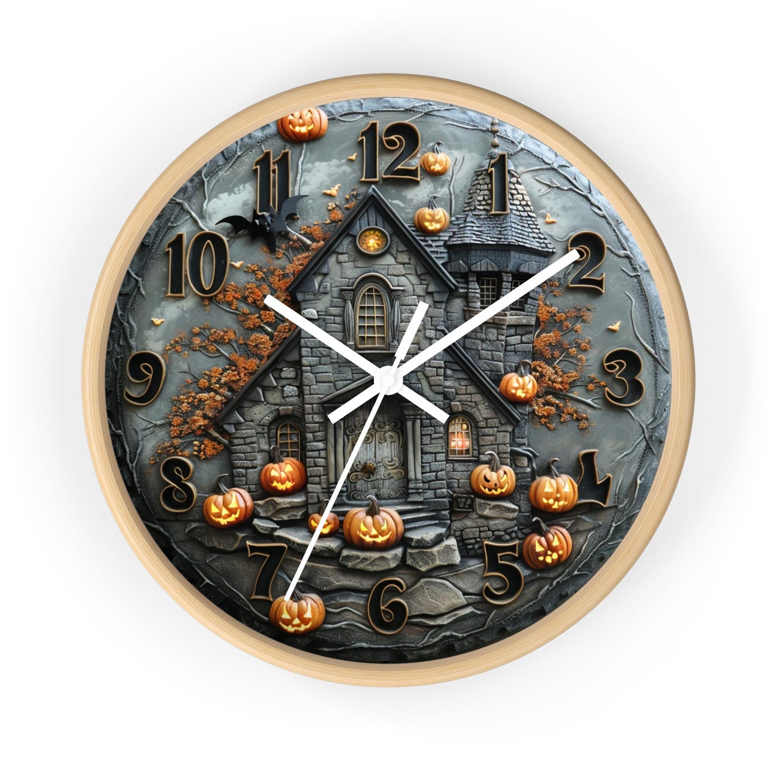 Halloween Wall Clock Rustic Halloween Village Scene Round Halloween Art ...