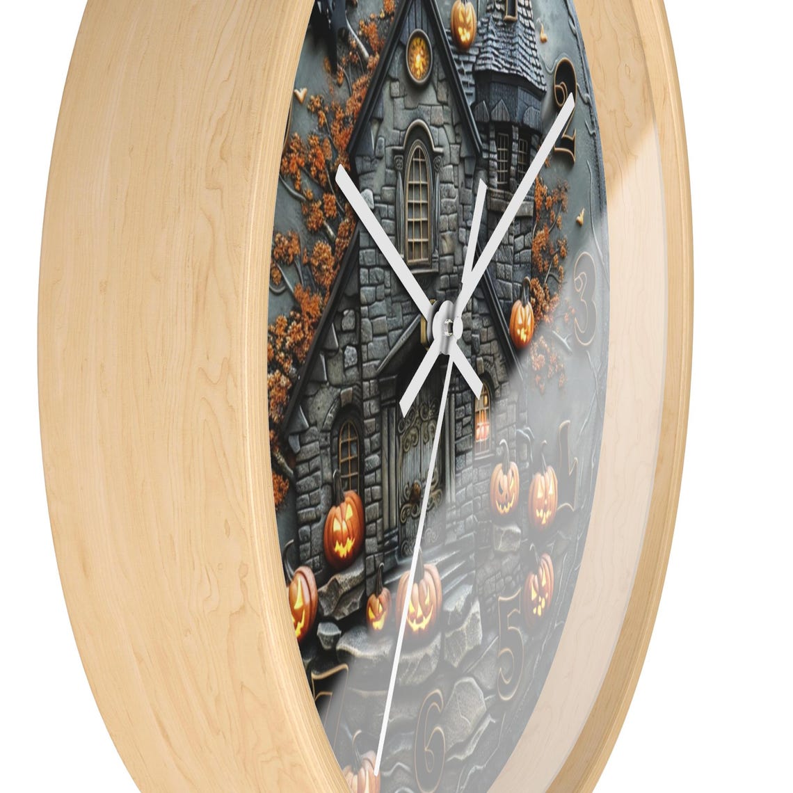 Halloween Wall Clock Rustic Halloween Village Scene Round Halloween Art ...