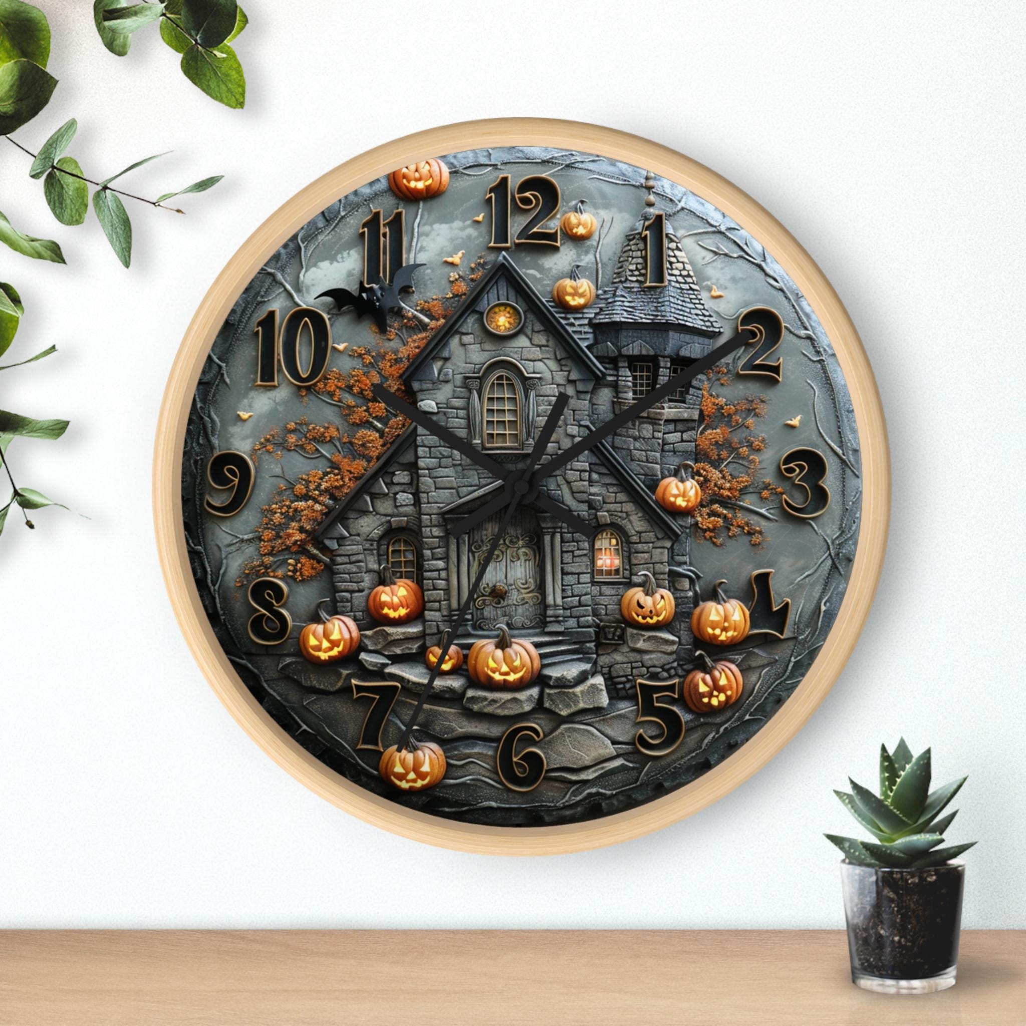 Halloween Wall Clock Rustic Halloween Village Scene Round Halloween Art ...