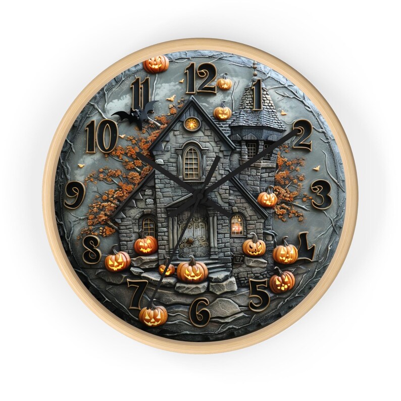 Halloween Wall Clock Rustic Halloween Village Scene Round Halloween Art ...