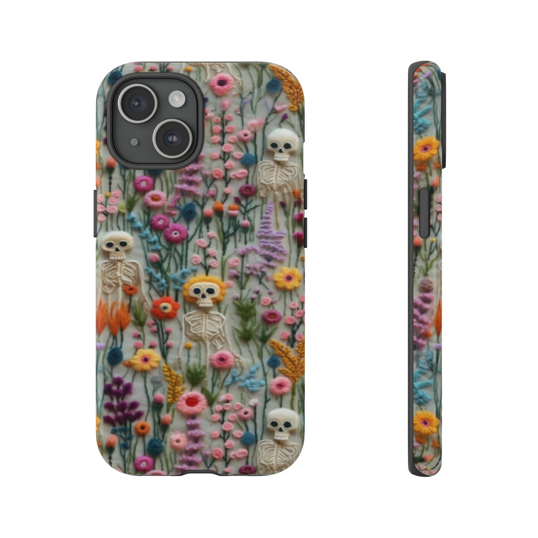 Vintage Skeletons in Bloom Phone Case Embroidered Look Floral Charm ...