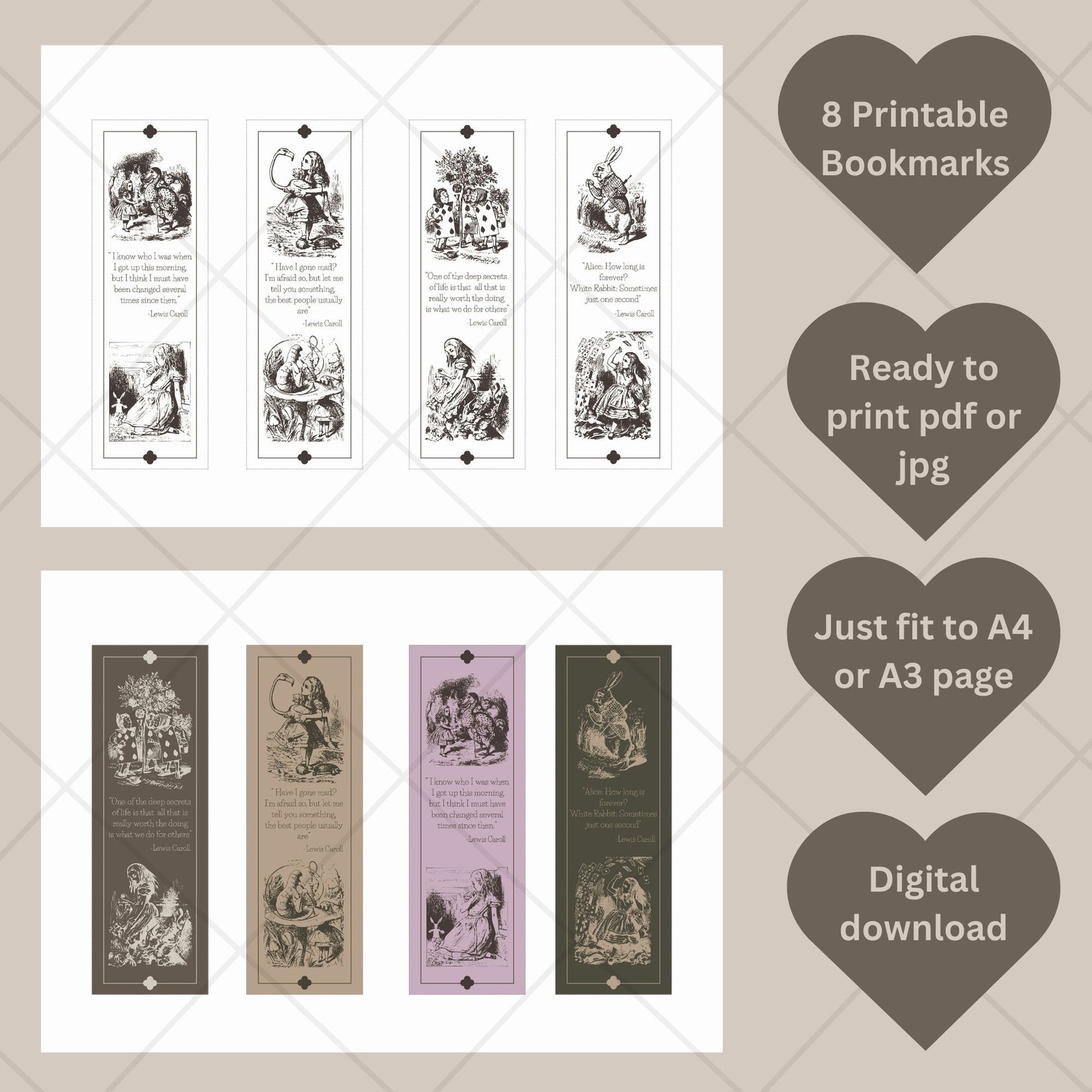 Printable Alice in Wonderland Bookmark Vintage Oldschool Bookmark Ink ...