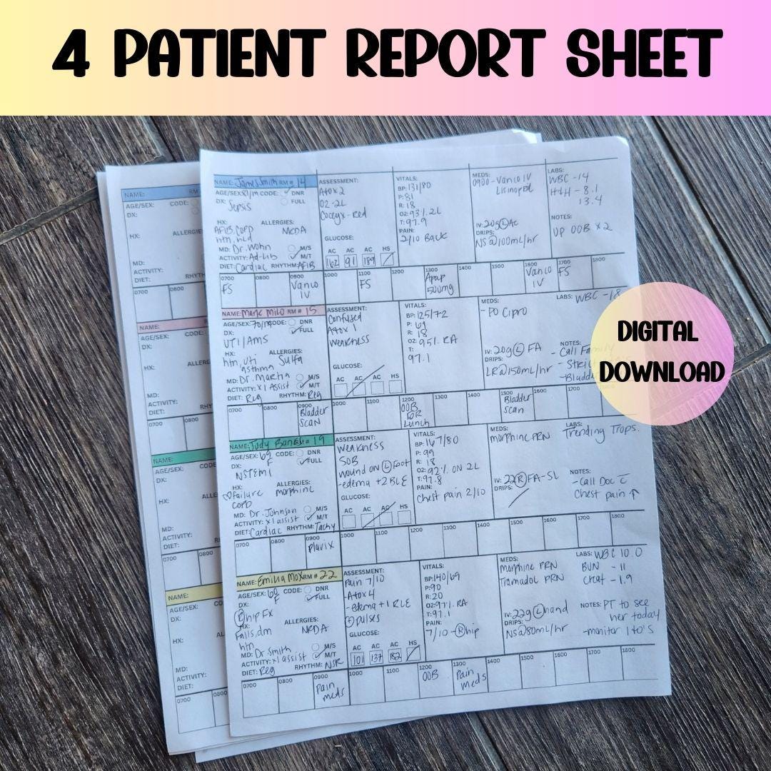 Nurse Report Sheet, 4 Patient Medsurg Nurse Report Sheet, Nurse Brain Sheet, Medsurg RN Handoff ...