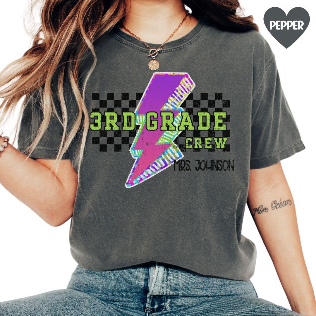 Custom Checkered Third Grade Teacher Shirt, Retro Neon 3rd Grade Crew ...
