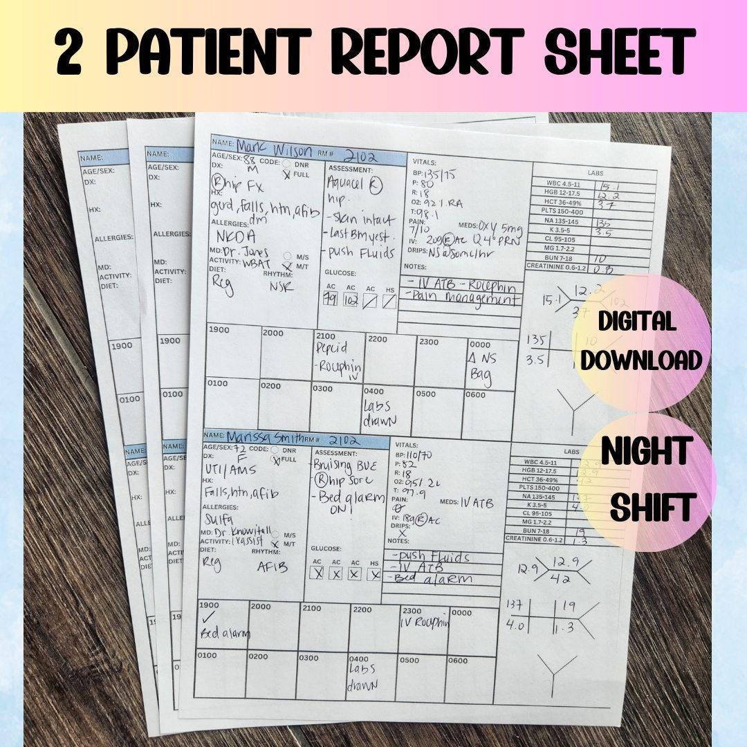 Nurse Report Sheet Night Shift, 2 Patient Medsurg Nurse Report Sheet ...