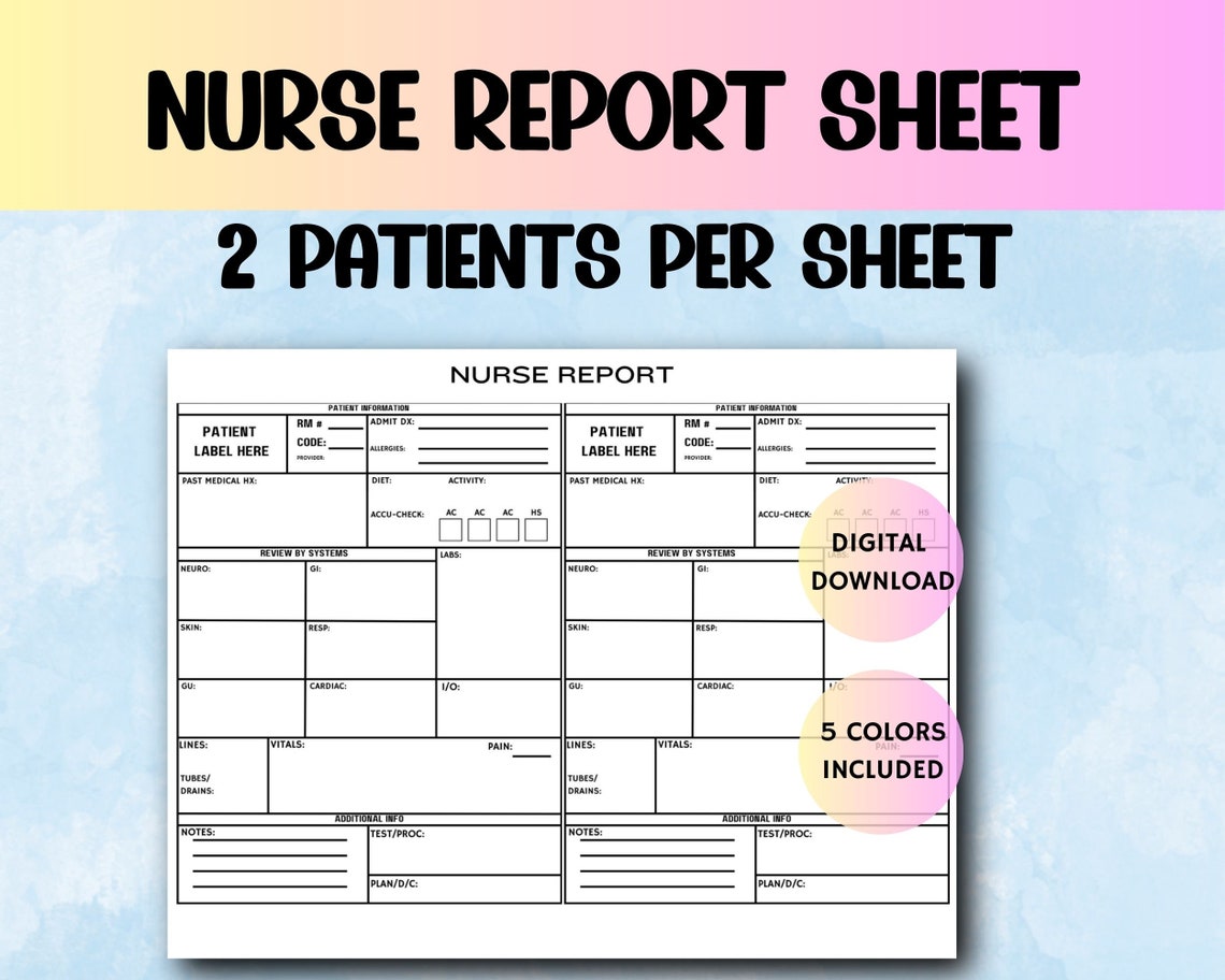Nurse Report Sheet, ICU Report Sheet, Nurse Brain Sheet, Medsurg RN ...