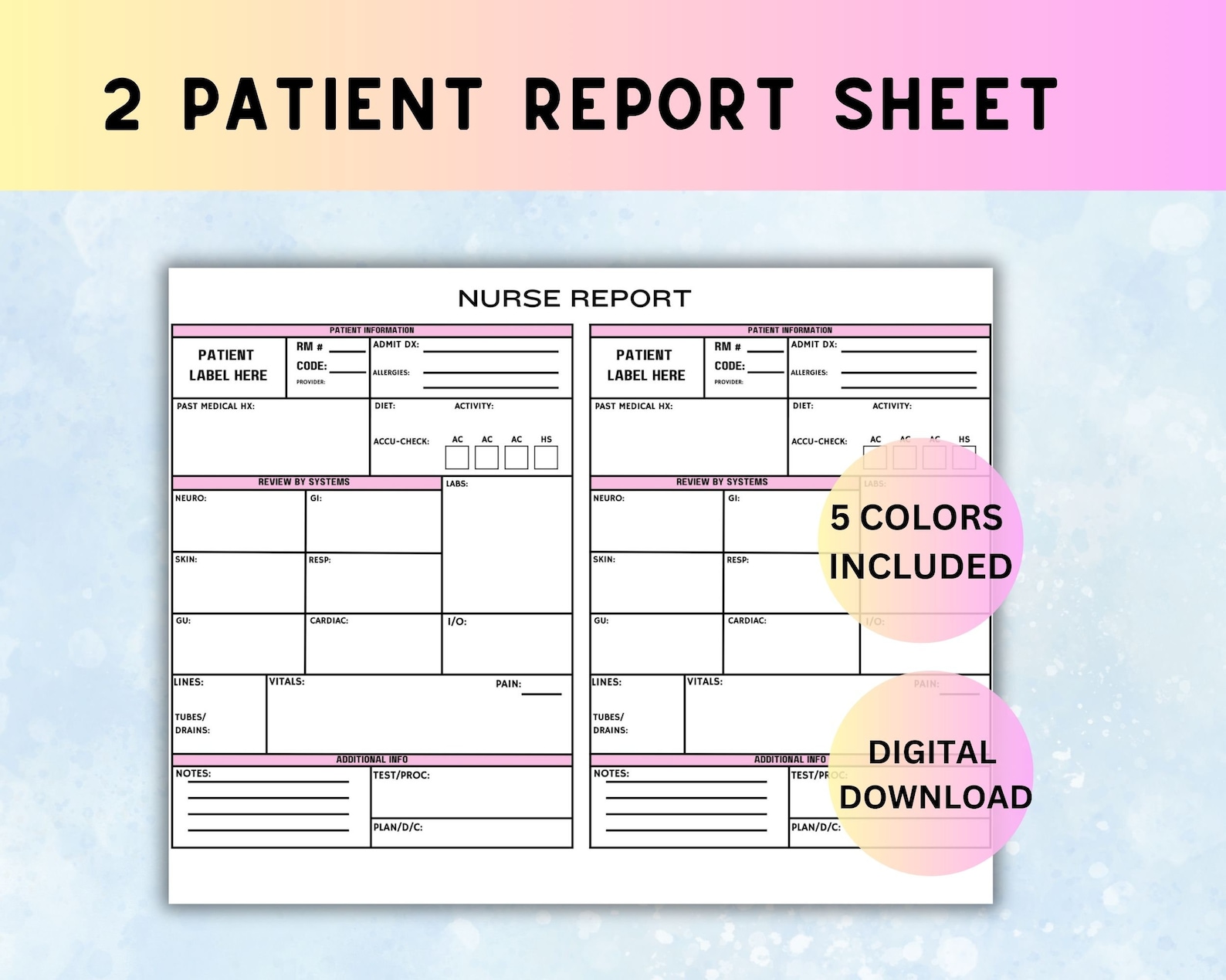 Nurse Report Sheet, ICU Report Sheet, Nurse Brain Sheet, Medsurg RN ...