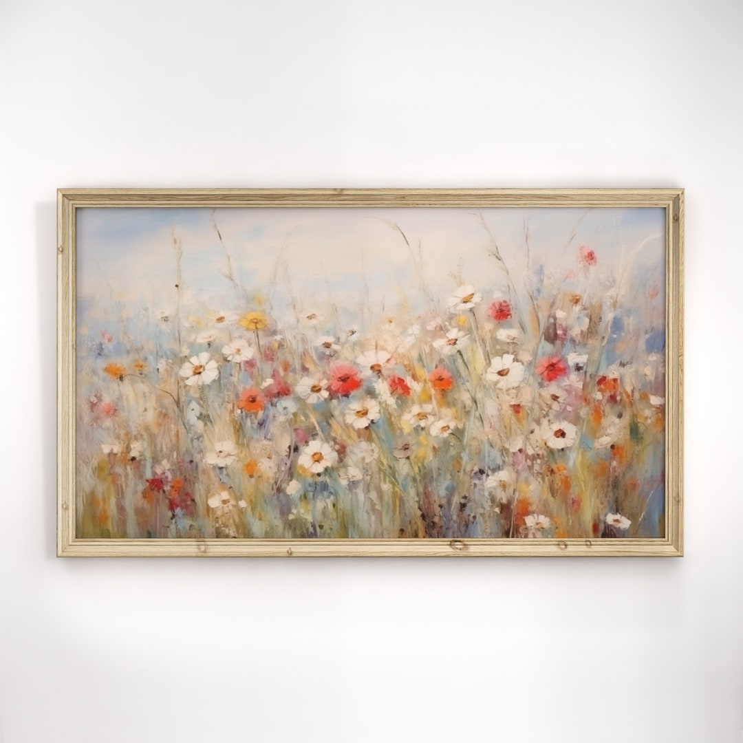 Rustic Flower Field, Old Oil Painting of Multicolor Flowers, Digital ...