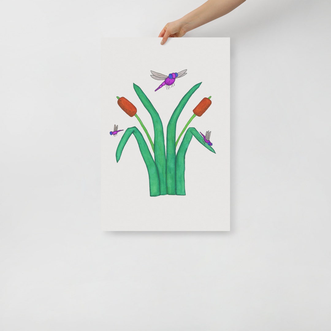 Dragonflies & Cattails Watercolor Painting Art Print. Museum-quality ...