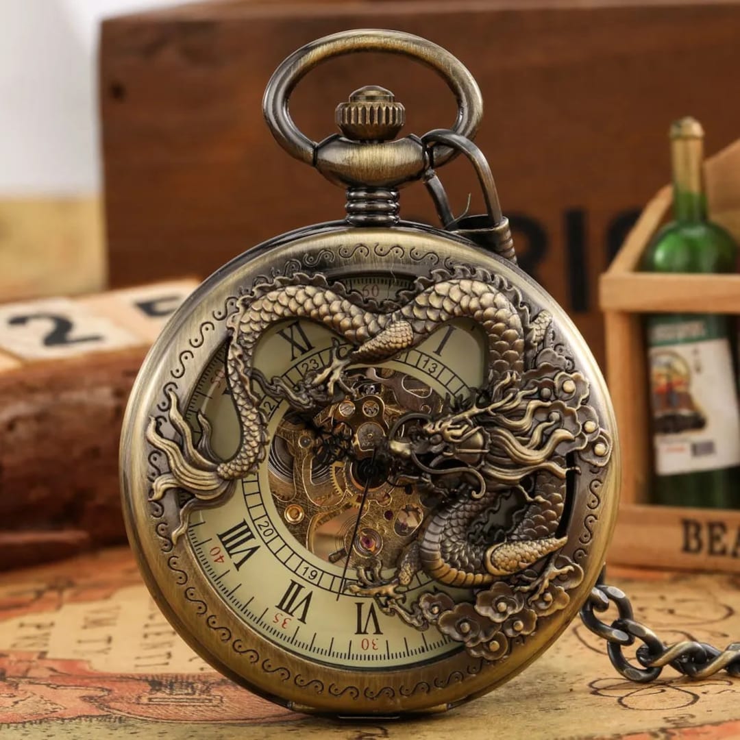 Dragon Mechanical Pocket Watch Antique Bronze Skeleton Hand-wind Flip ...
