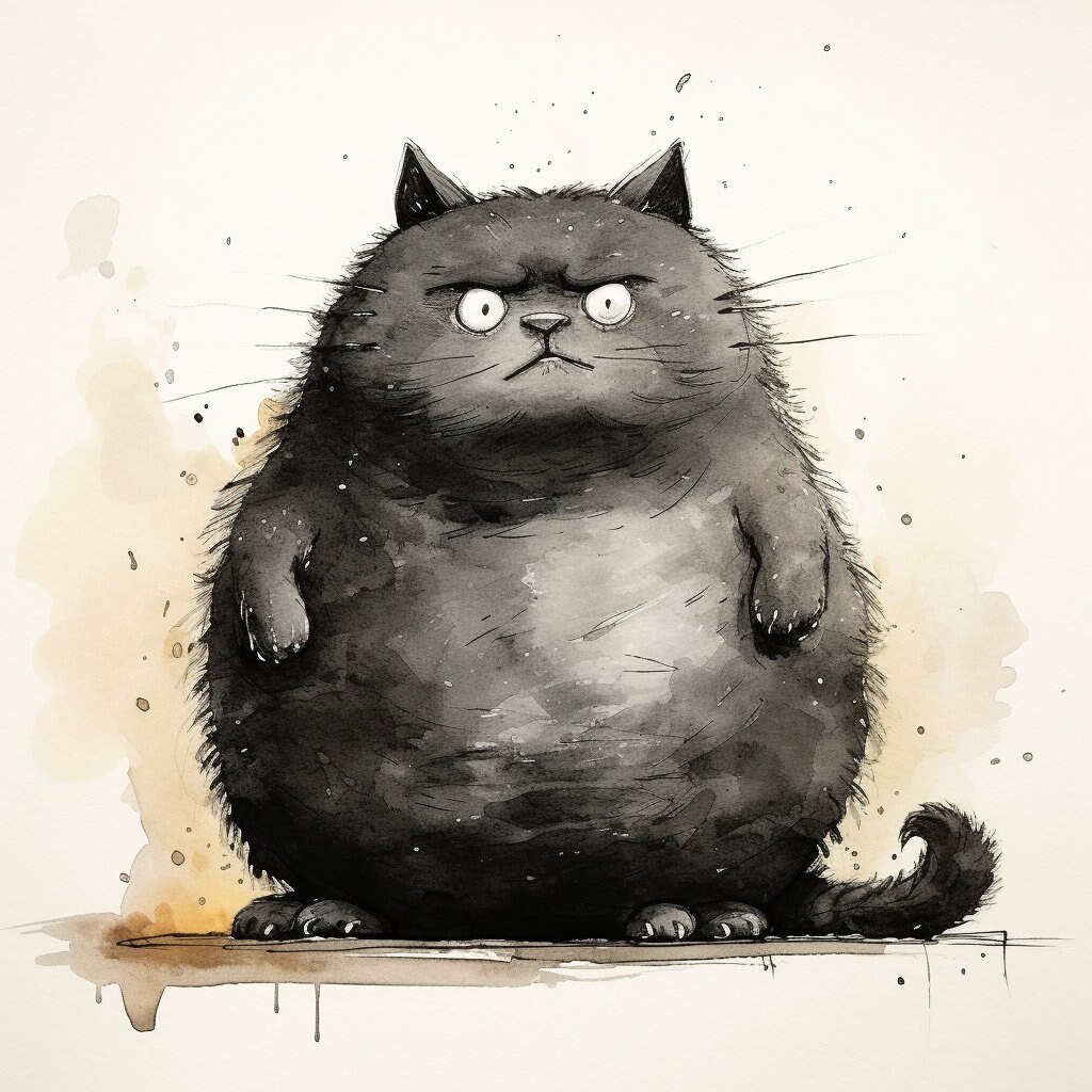 Fat Cat, Cartoon, Water Color, Black and White Clipart - Etsy