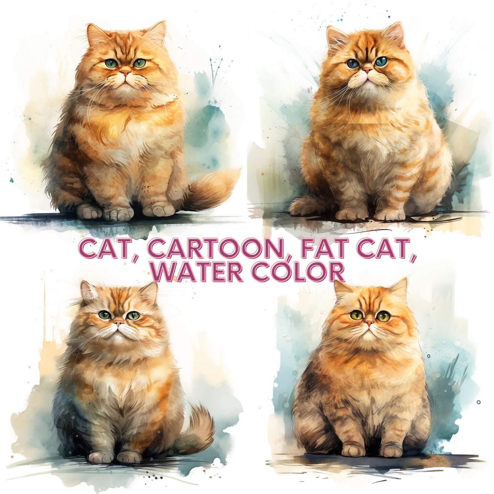 Cat, Cartoon, Fat Cat, Water Color Clipart - Etsy