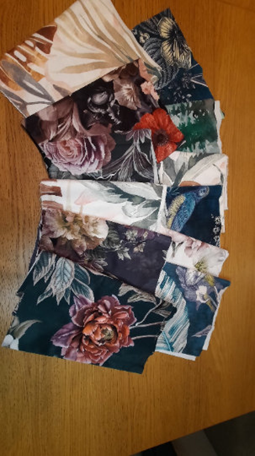 Set of 12 Pieces of Velvet Fabric Remnants With Plant Motifs, Fabrics ...
