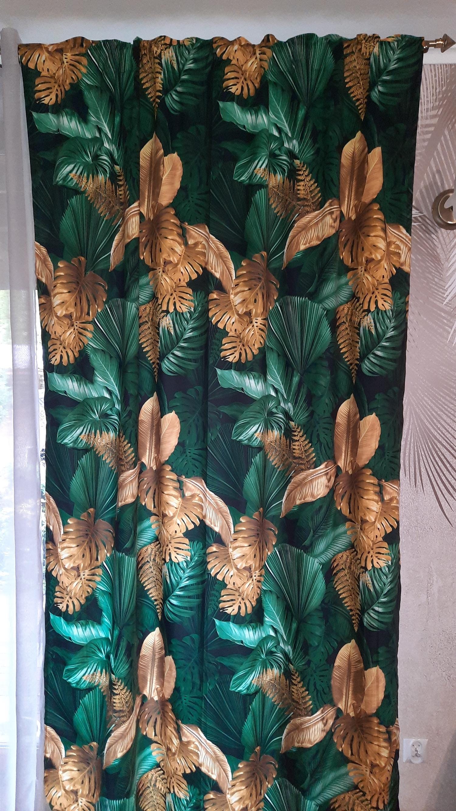 Gold and Green Curtain, Monstera Leaves Curtain, Leaves Curtain ...